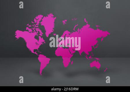 Purple world map on black concrete wall background. 3D illustration ...