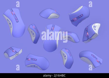 Flying gamer mouse on purple background with blur. 3d rendering of ...