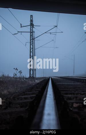 Lonely train tracks during a foggy winter day Stock Photo - Alamy