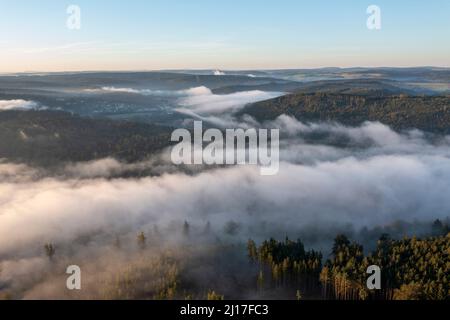 Aerial view of Bleiloch Reservoir shrouded in thick morning fog Stock ...