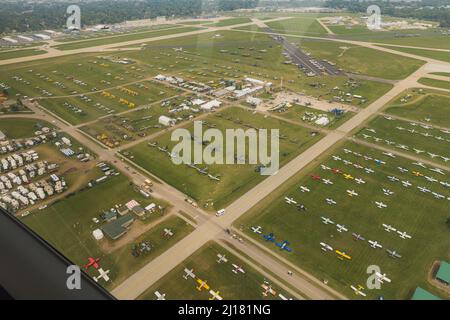 An aerial view of EAA Airventure grounds with planes and tents Stock ...