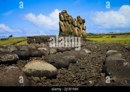 A view of Moai monolithic whole-body human figures in Easter Island ...