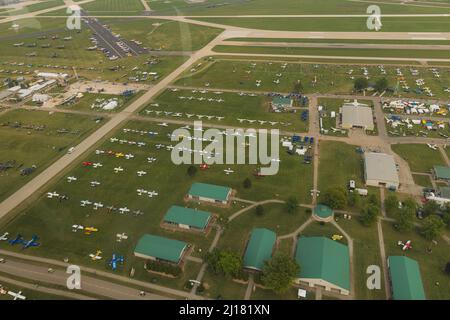 An aerial view of EAA Airventure grounds with planes and tents Stock ...