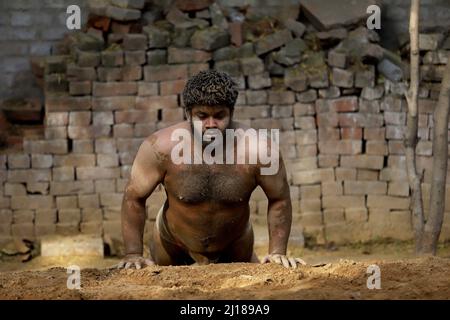 New Delhi, New Delhi, INDIA. 22nd Mar, 2022. A muddy wrestler full of ...