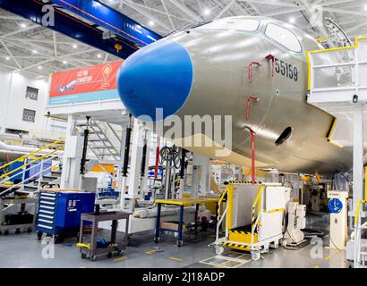 An Airbus A220 plane at the Airbus Canada LP assembly site in Mirabel ...