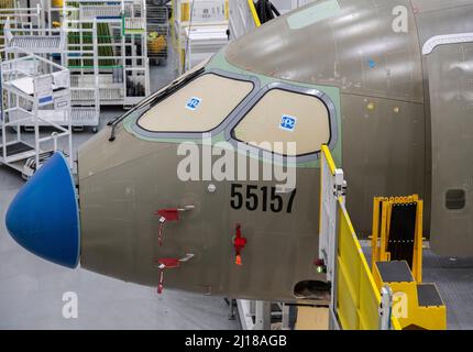 An Airbus A220 plane at the Airbus Canada LP assembly site in Mirabel ...