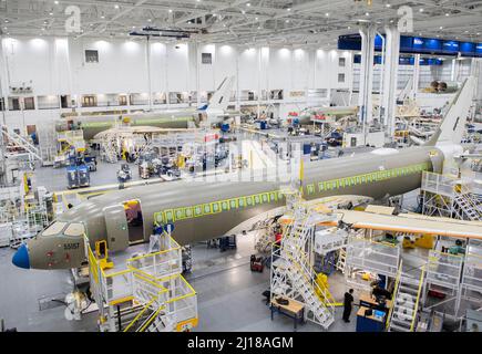 An Airbus A220 plane at the Airbus Canada LP assembly site in Mirabel ...