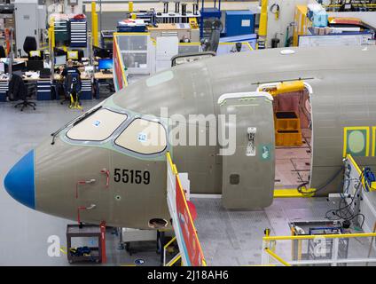 An Airbus A220 plane at the Airbus Canada LP assembly site in Mirabel ...