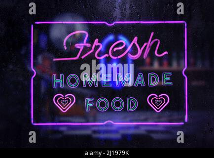 Fresh Homemade Food Neon Sign in Rainy Window Stock Photo - Alamy