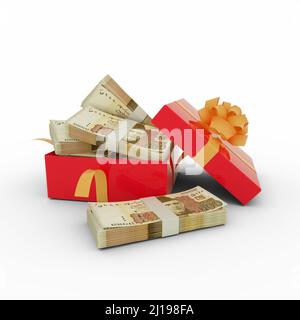 Pakistani rupee notes inside an open red gift box. Pakistani rupees ...
