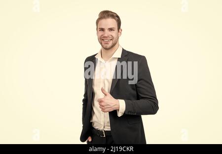 Executive approval. Happy manager give thumbs up. Approval hand gesture ...
