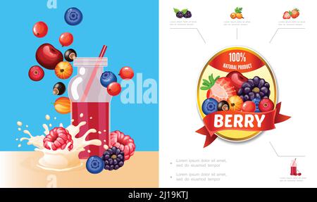 Cartoon berry smoothies concept with cherry blueberry cranberry ...
