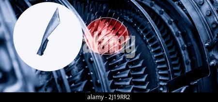 Closeup destruction and damage jet engine blades of airplane. Blue ...