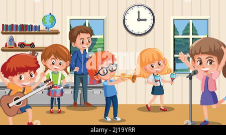 Cartoon music classroom interior with furniture and instruments. Vector ...