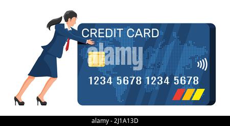 Woman pushing a big credit card. Financial and banking concept. Vector ...