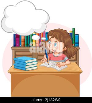 A kid doing homework with speech bubble in the library illustration ...