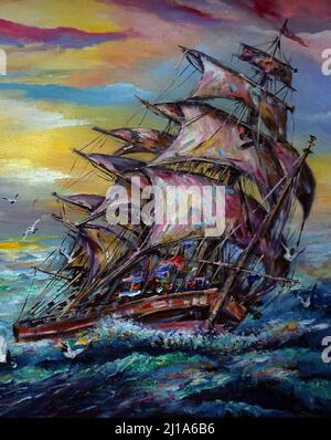 Art, painting ,Oil color, Auspicious, junk ,barque , Thai land Stock ...