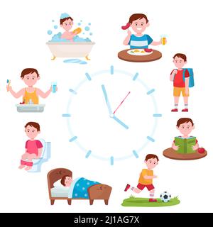 Child boy daily routine vector set. Routine school boy, illustration of ...
