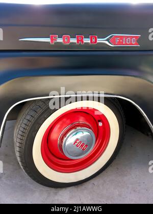 Ford F100 logo and branding on the hood side and on the wheel cup of an ...