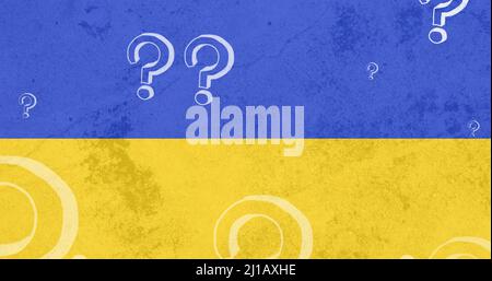 Image of question marks floating over european map and flag of ukraine ...