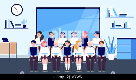 Cute students girls at classroom cartoon vector illustration graphic ...