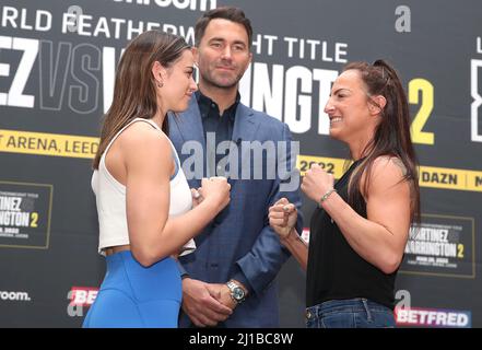 Sky Nicolson (left) and Bec Connolly face off as Eddie Hearn looks on ...