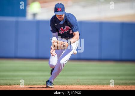 March 13, 2022: Ole Miss catcher Hayden Dunhurst (13) takes a swing ...