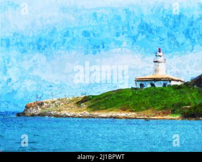 White lighthouse Far d'Alcanada on the small island of Alcanada near ...