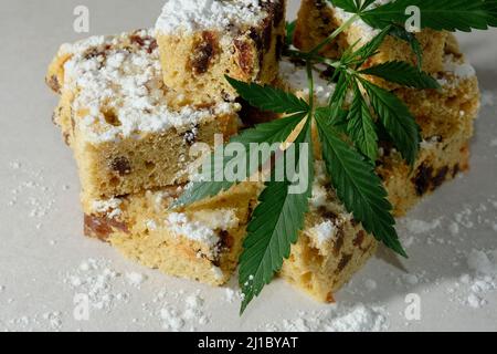 Homemade pie and powdered sugar with CBD oil. Cannabis kitchen ...