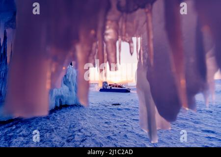 Hovercraft rides on clear ice of Lake Baikal winter Stock Photo - Alamy
