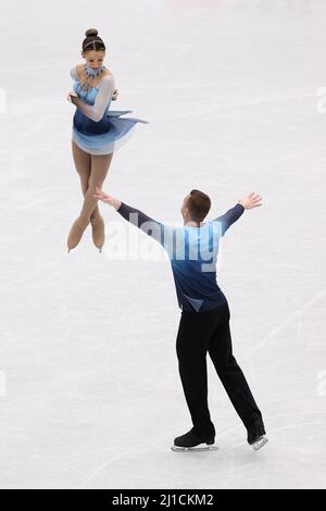 Hailey KOPS & Evgeni KRASNOPOLSKI (ISR), at Kiss & Cry during Pairs ...
