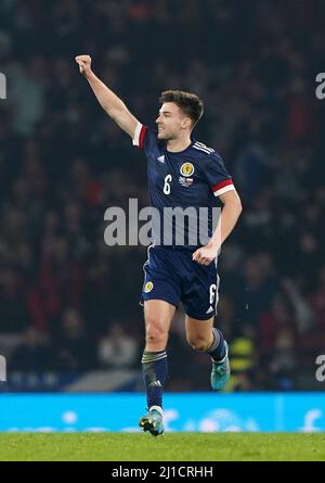 Scotland's Kieran Tierney celebrates scoring their side's third goal of ...