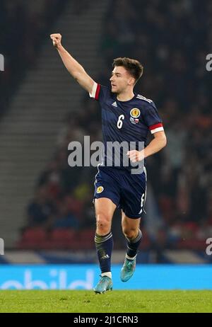 Scotland's Kieran Tierney celebrates scoring their side's third goal of ...