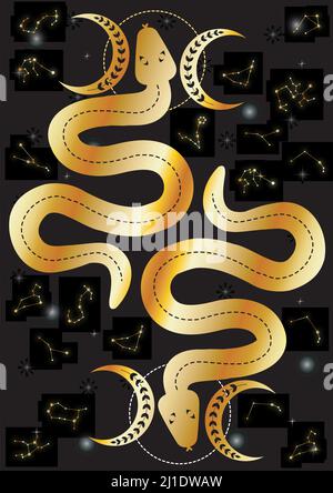 Snakes seamless pattern. Golden mystic serpents, decorative repeated ...