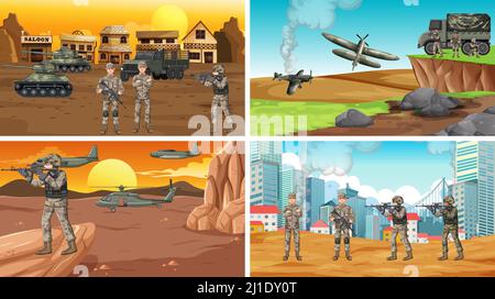 Set of different army war scenes illustration Stock Vector Image & Art ...