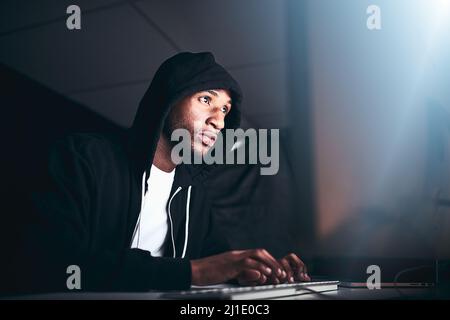 Cropped shot of black man as software developer using computer in high ...