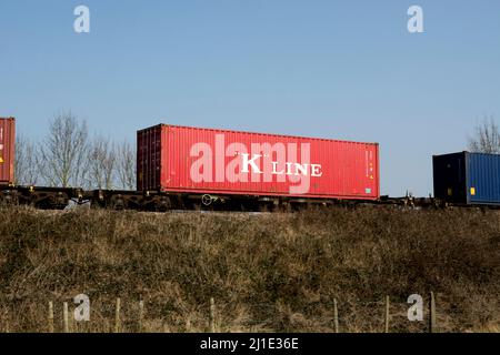 K Line shipping container on a freightliner train, Warwickshire, UK ...