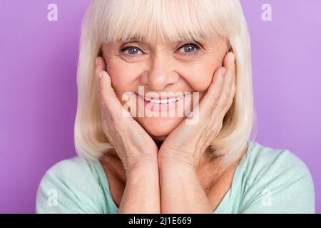 Photo of shiny adorable lady wear white blouse arm straw cap empty ...