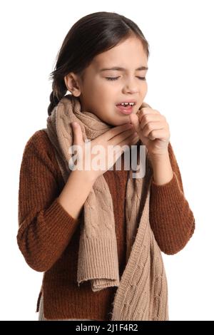 Little girl suffering from sore throat on white background Stock Photo ...