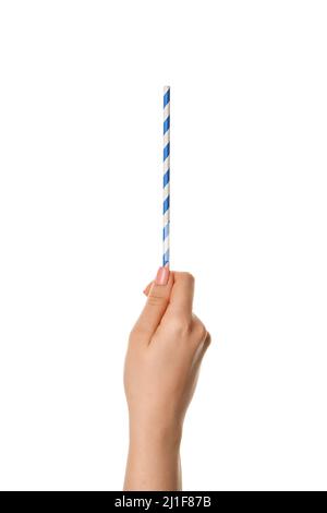 Female hand with stylish straw for drinks on white background Stock ...
