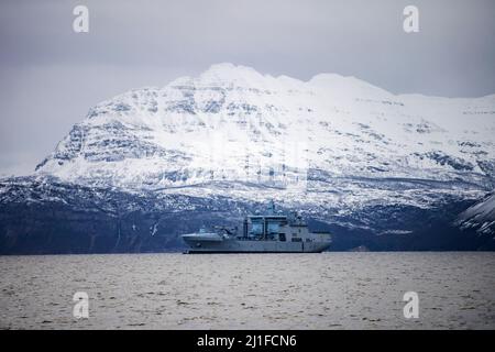 Harstad 20220324. The logistics ship KNM Maud outside Harstad during ...
