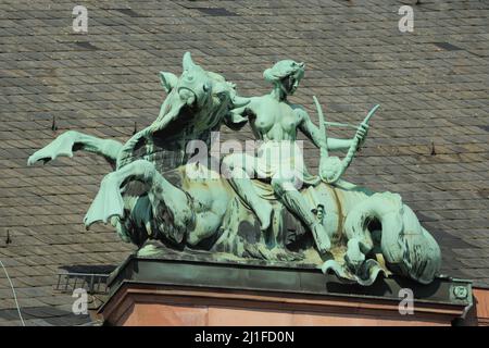 Sculpture of Europa riding the bull in front of the European Parliament ...