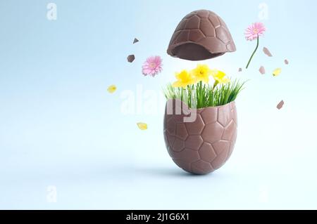 Chocolate easter egg cracking open with explosion of spring flowers ...