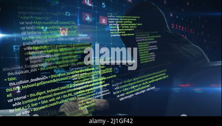 Image of data processing and hacker on black background Stock Photo - Alamy