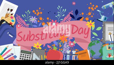 Substitute day text banner over floral design against blue radial ...