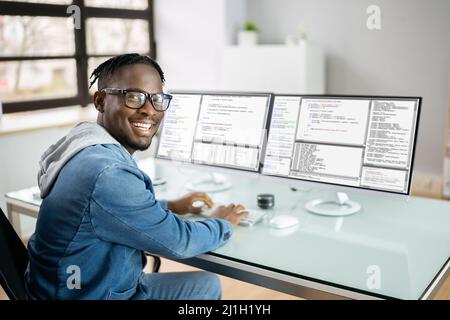 African American Man Programmer. Girl Coding On Computer Stock Photo ...