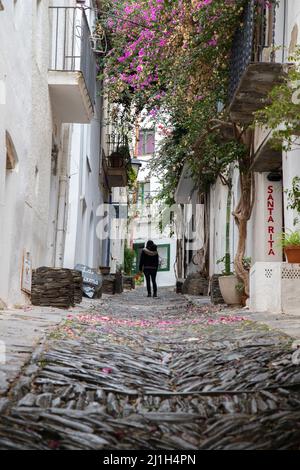 Cadaques beautiful town street in the background in Costa Brava ...