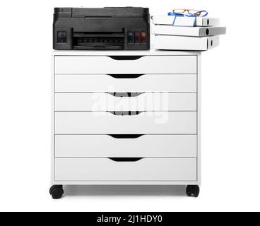 Modern printer and stack of paper on white background Stock Photo - Alamy