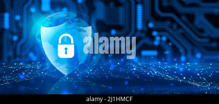 Shield with Padlock icon on Circuit board and Network wireframe with ...