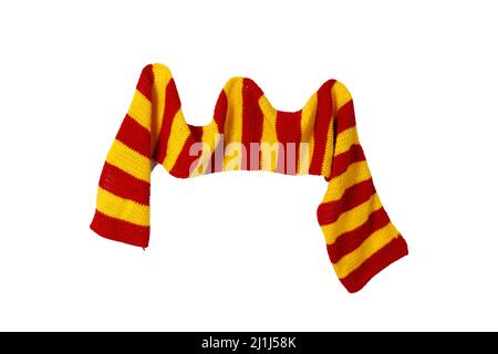 unfolded red-yellow striped wool scarf isolated on white background ...